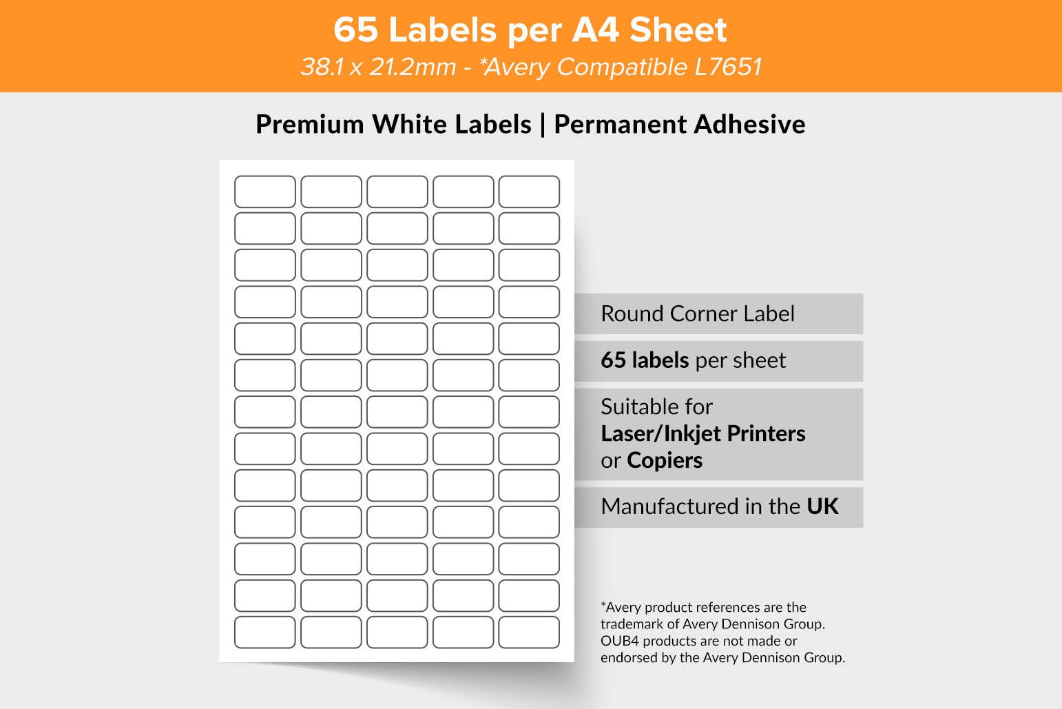 65 Labels per A4 sheet - 38.1 X 21.2mm | OUB4 - Personalised & Plain ...